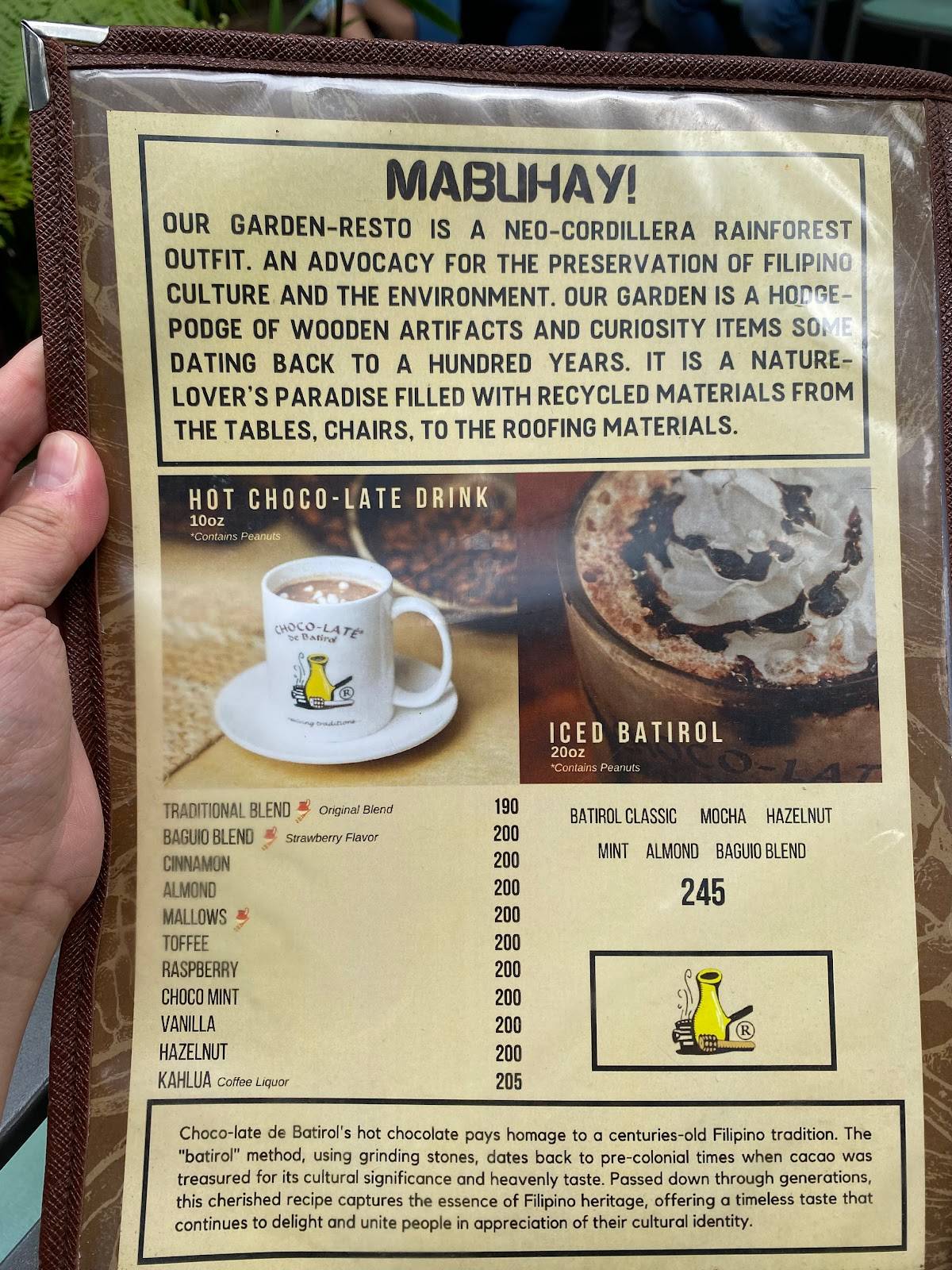 Menu at Choco-laté de Batirol restaurant, Baguio, Igorot Park