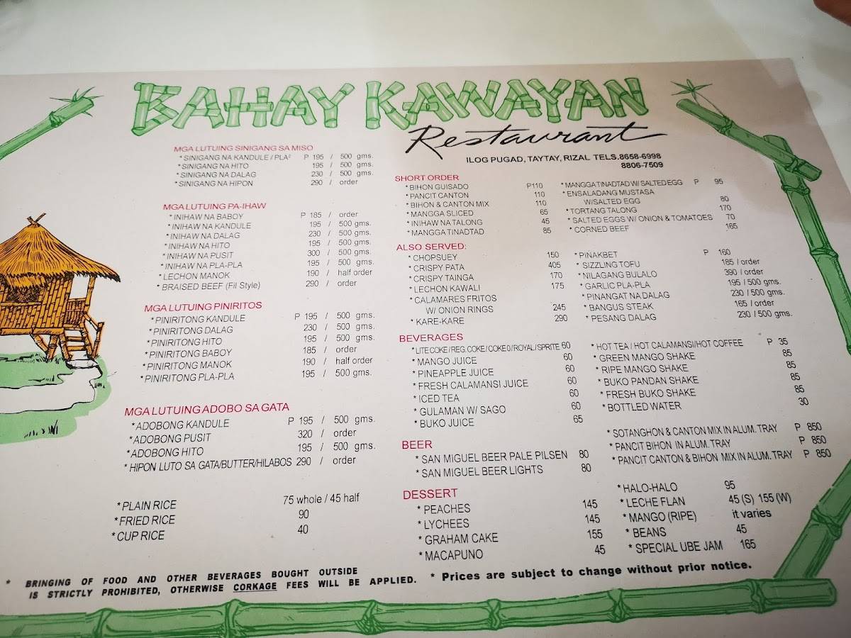 Menu at Bahay Kawayan Restaurant, Taytay, H43Q+CFV