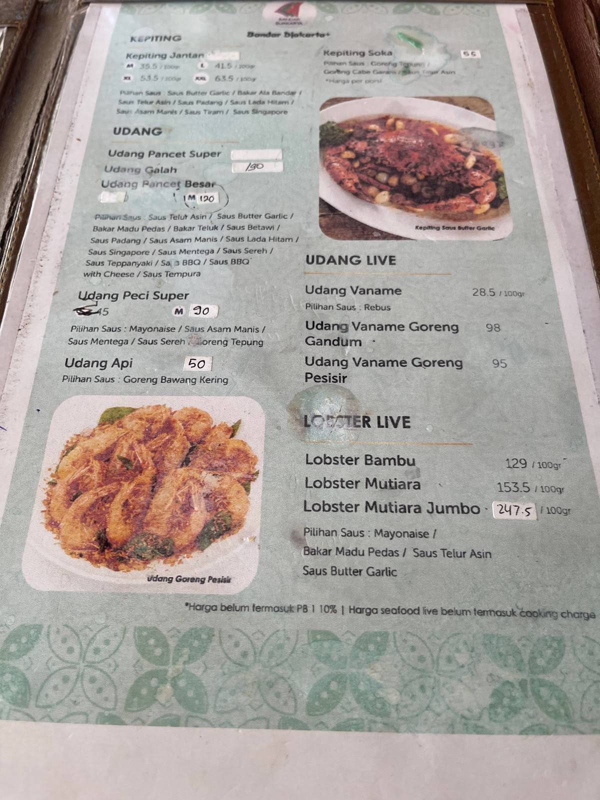 Menu at Bandar Djakarta restaurant, Jakarta, Jl. Pantai Indah No.7