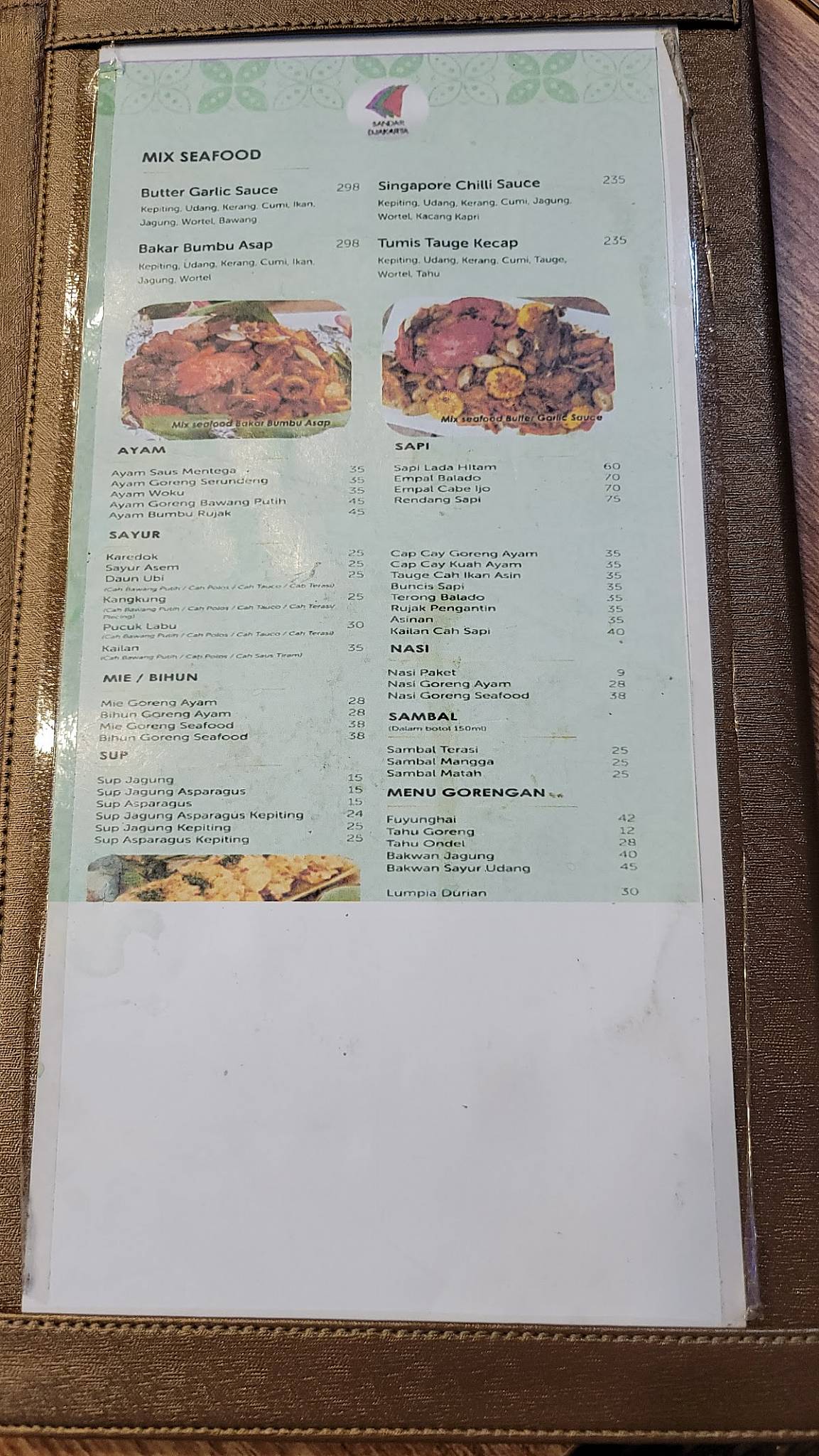 Menu at Bandar Djakarta restaurant, Jakarta, Jl. Pantai Indah No.7