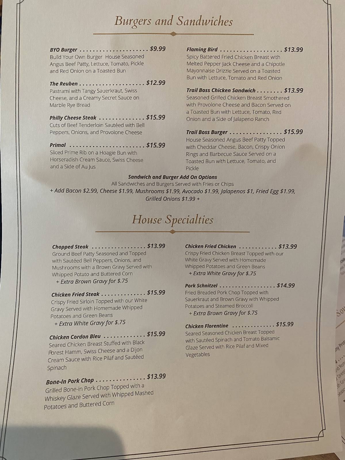Menu at Trail Boss Steak and Grill steakhouse, Bandera