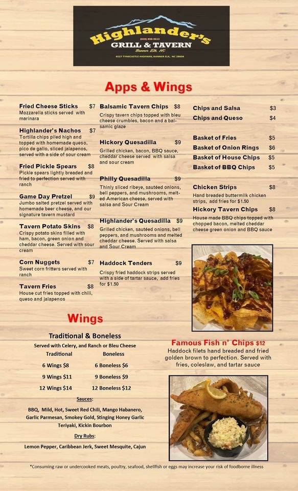 Menu at Highlanders Grill And Tavern pub & bar, Banner Elk