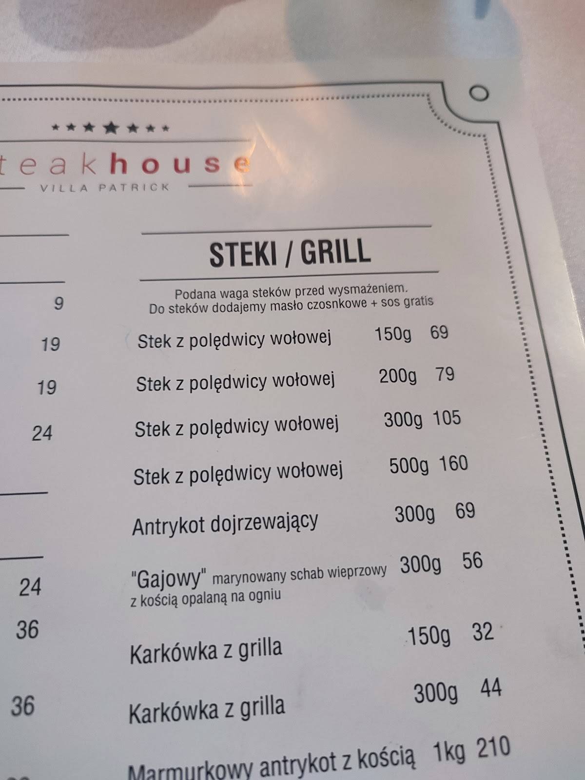 Menu at Steak House Villa Patrick steakhouse, Baranowo