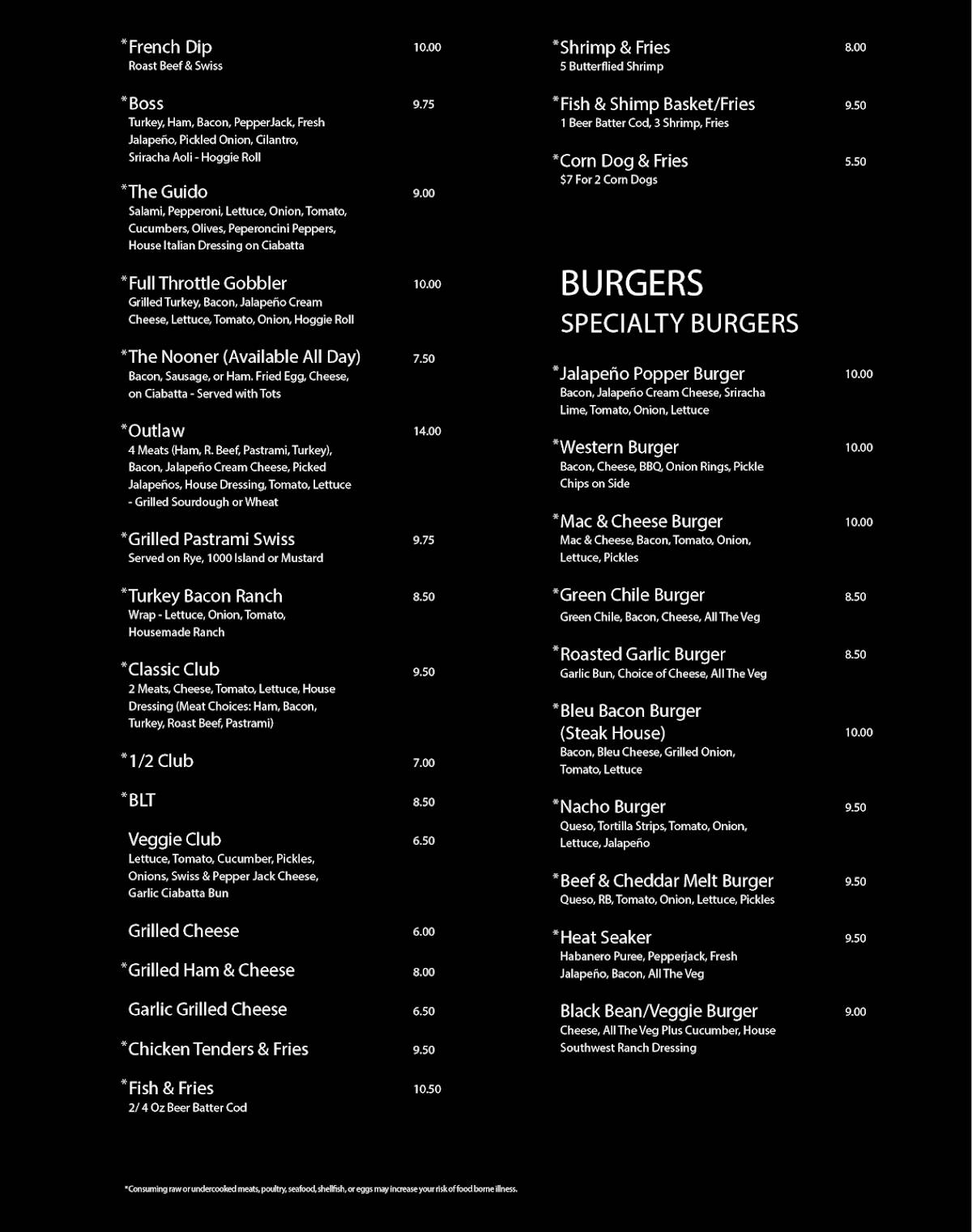 Menu at Barbary Coast Saloon, Salt Lake City