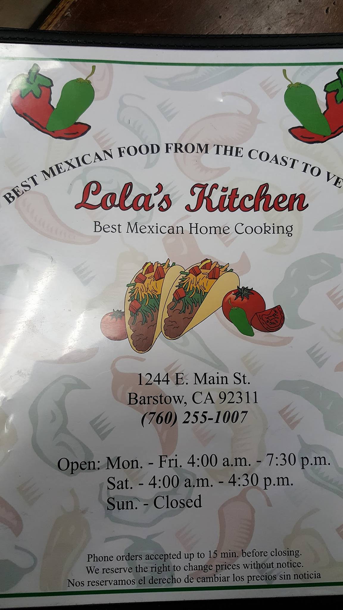 Menu at Lola's Kitchen restaurant, Barstow