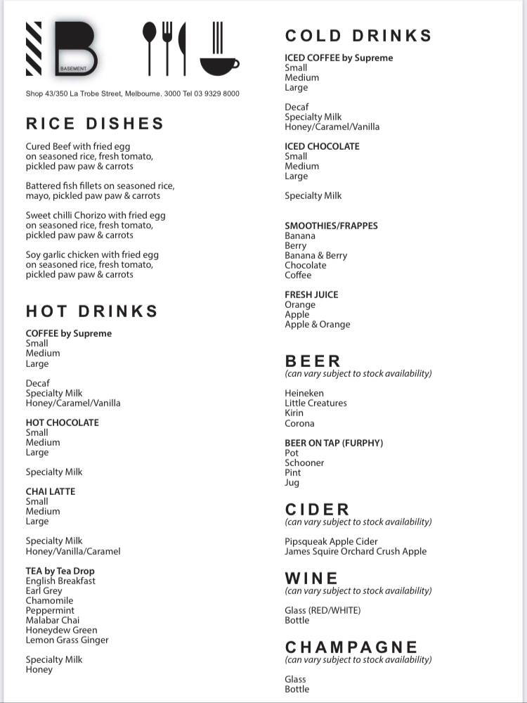 Menu at CEREE desserts, Melbourne