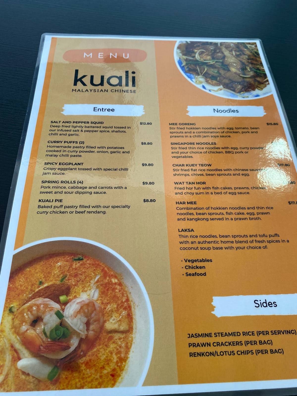 Menu at Kuali Malaysian Chinese restaurant, Baulkham Hills