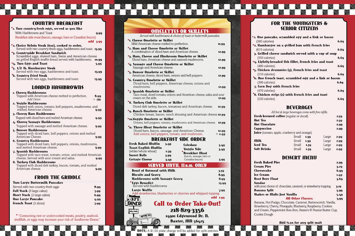 Menu at 371 Diner restaurant, Baxter