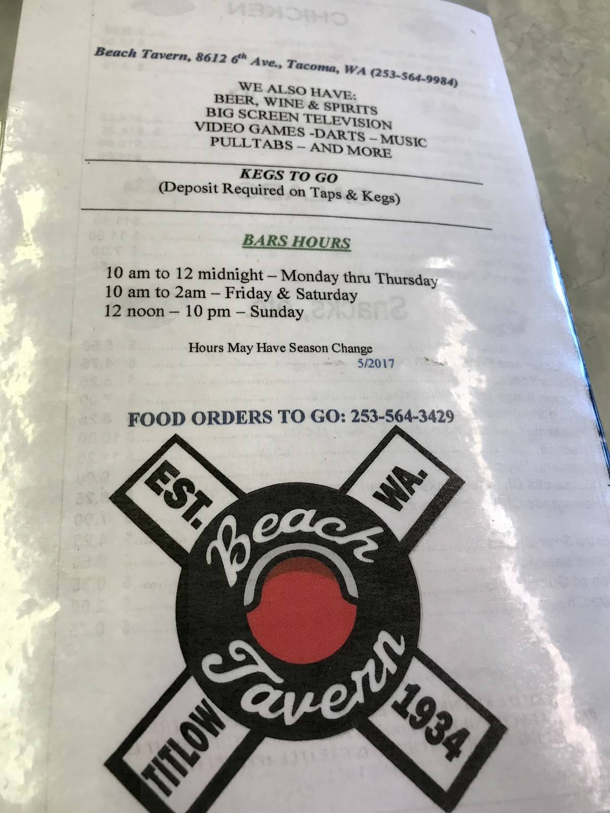 Menu at Beach Tavern pub & bar, Tacoma
