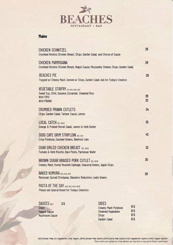 Menu at Beaches Restaurant & Bar, Seven Mile Beach