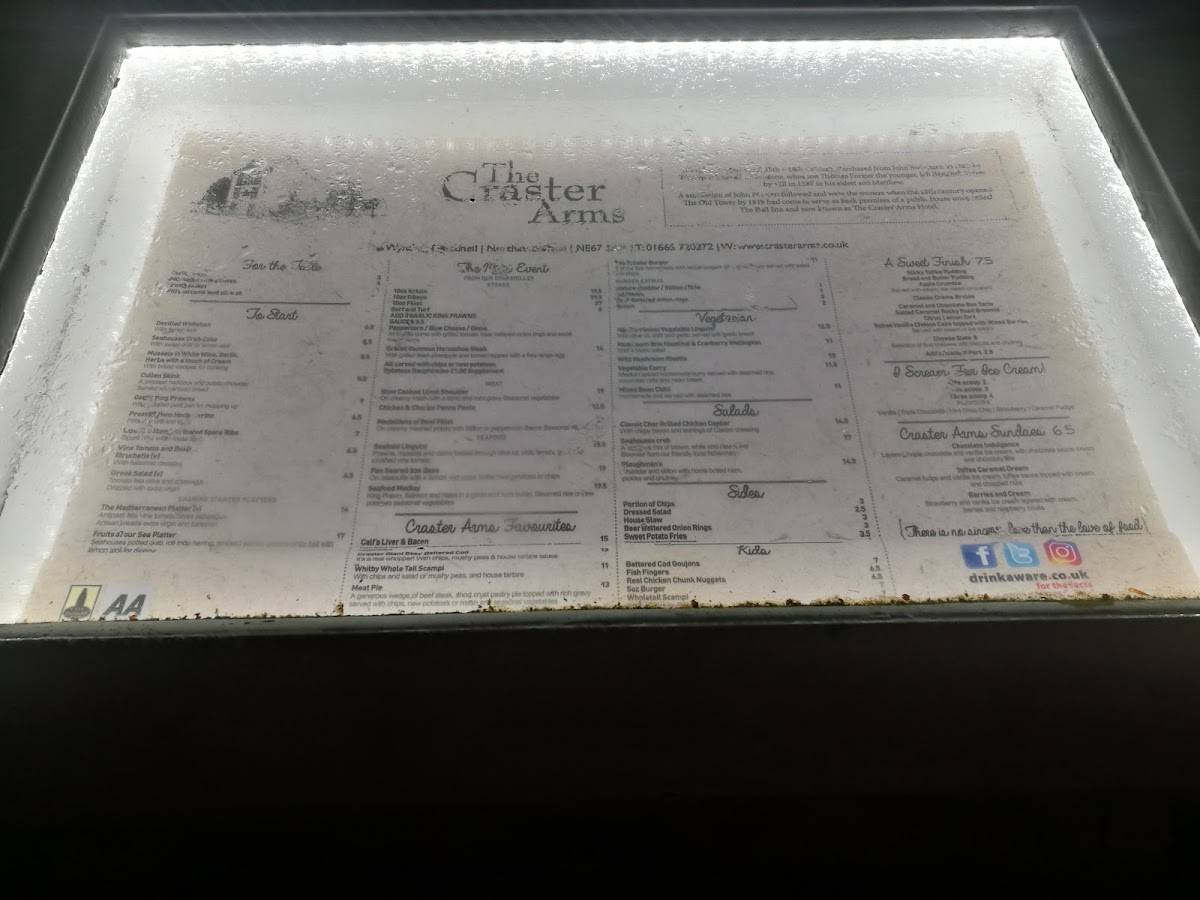 Menu at The Craster Arms restaurant, Beadnell