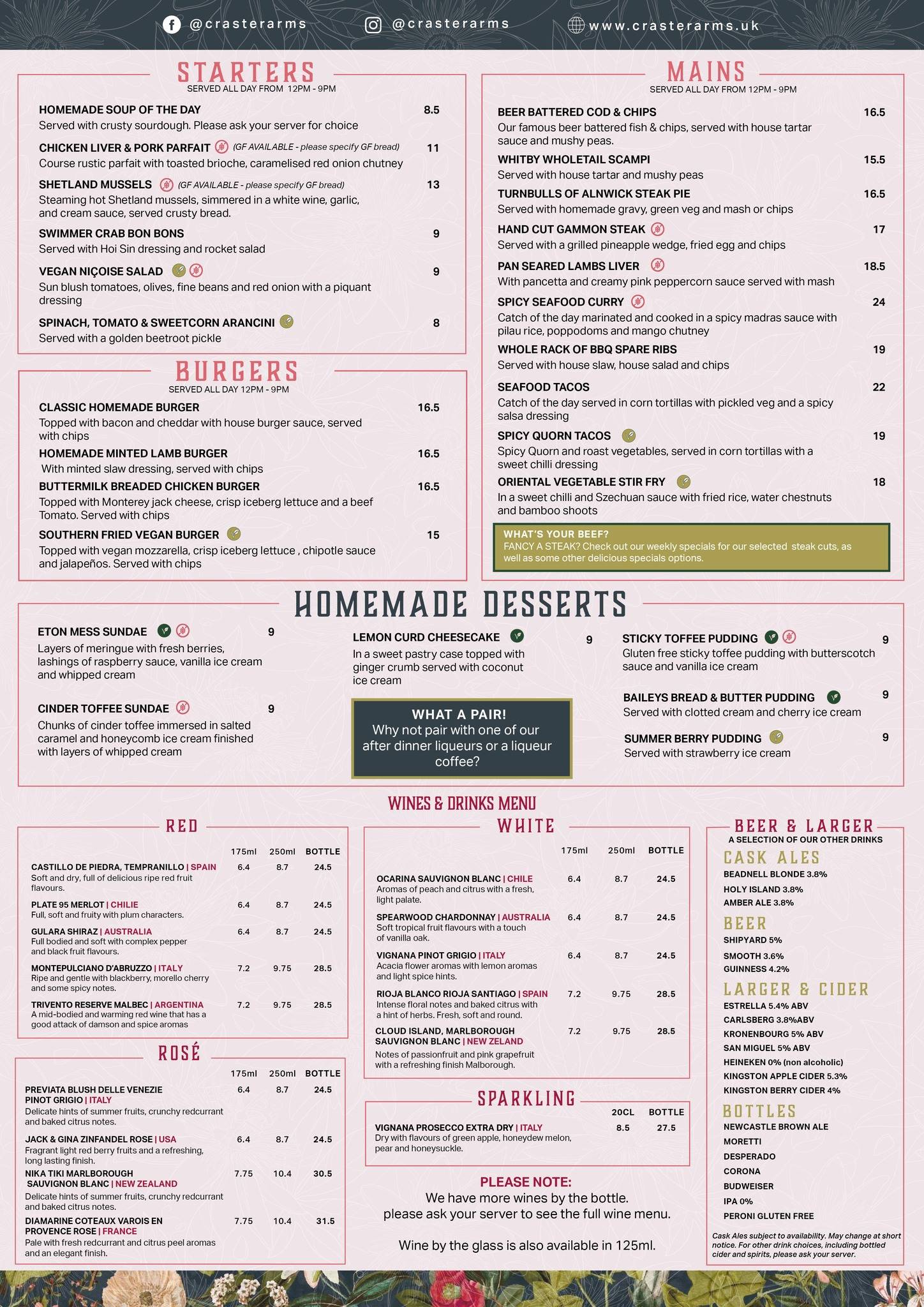 Menu at The Craster Arms restaurant, Beadnell