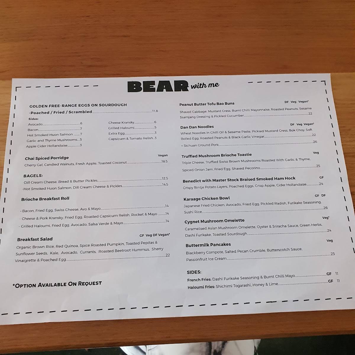 Menu at Bear With Me cafe, South Hobart