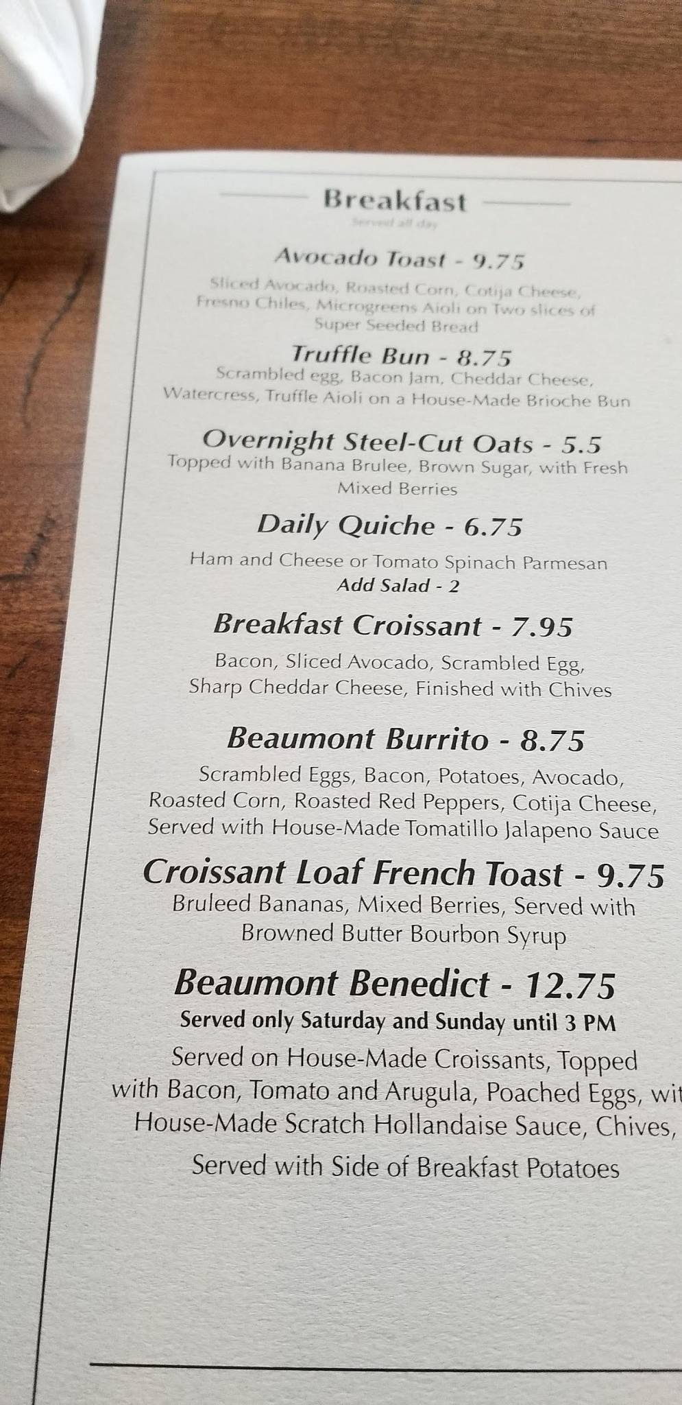 Menu at Beaumont Bakery & Cafe, Salt Lake City