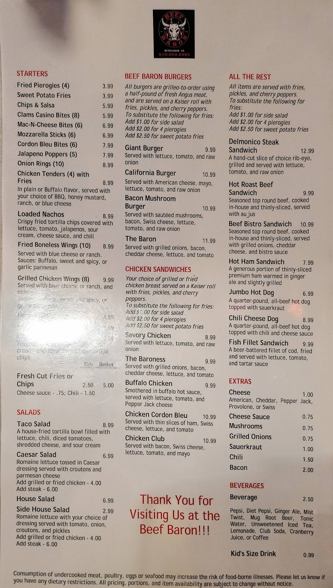 Menu at Beef Baron, Bethlehem