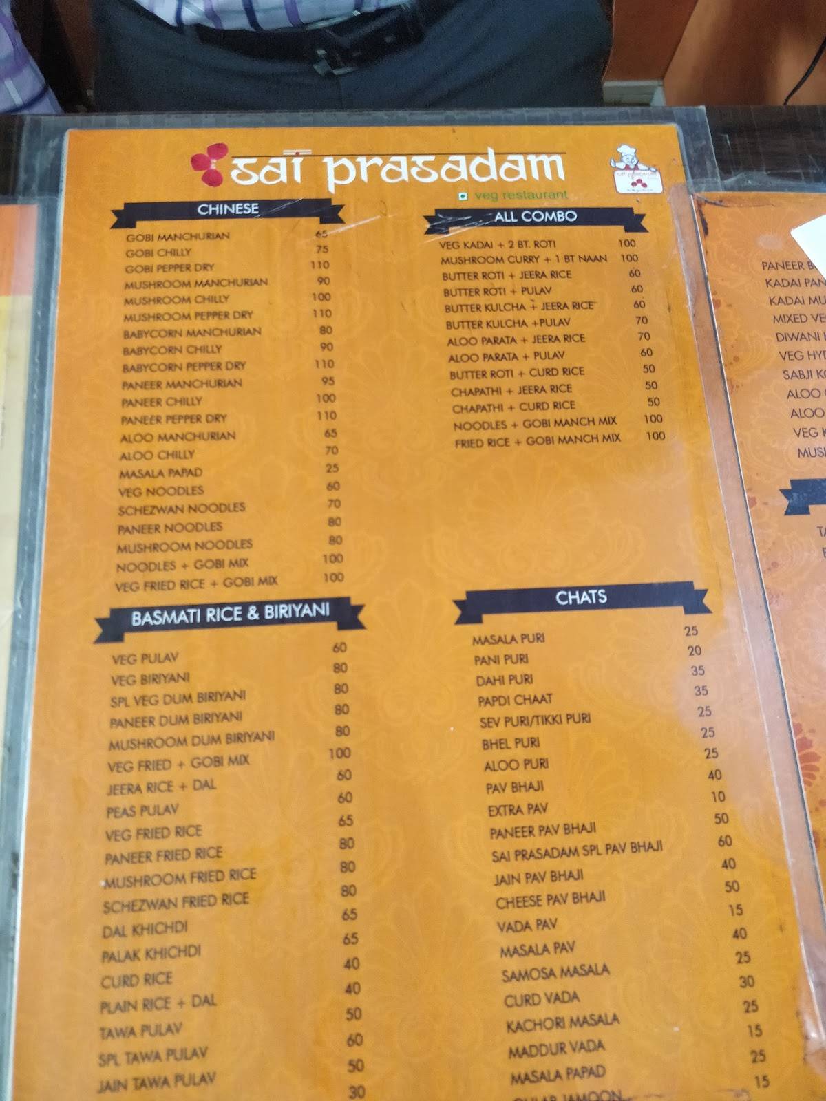 Menu at Sai Prasadam Pure Veg Restaurant, Bengaluru, 5th Main Rd