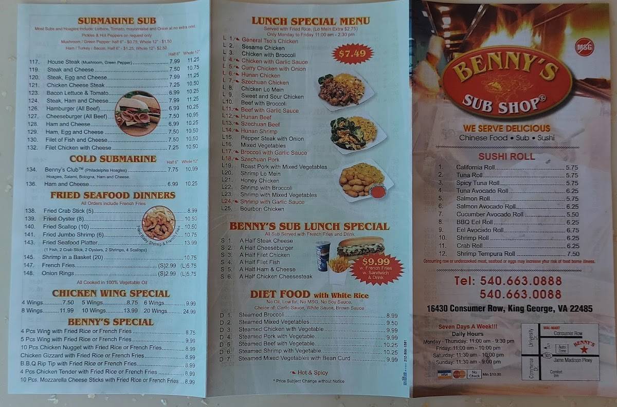 Menu at Benny's restaurant, Dahlgren, Consumer Row