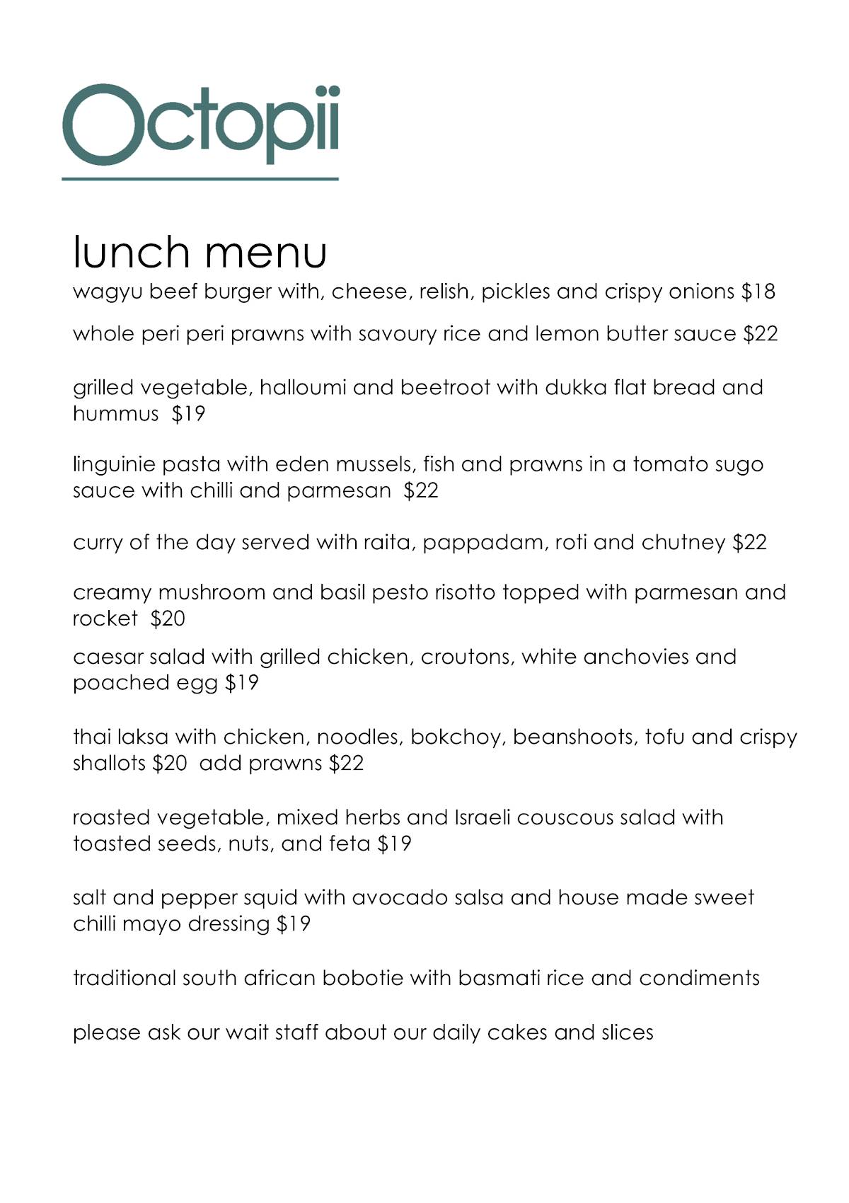 Menu at Octopii Restaurant, Bermagui