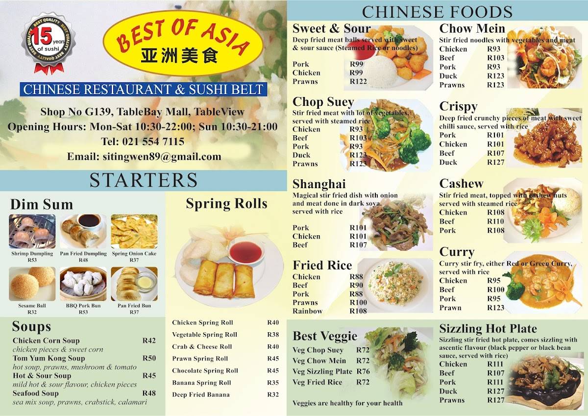 Menu at Best Of Asia Tablebay restaurant, Cape Town