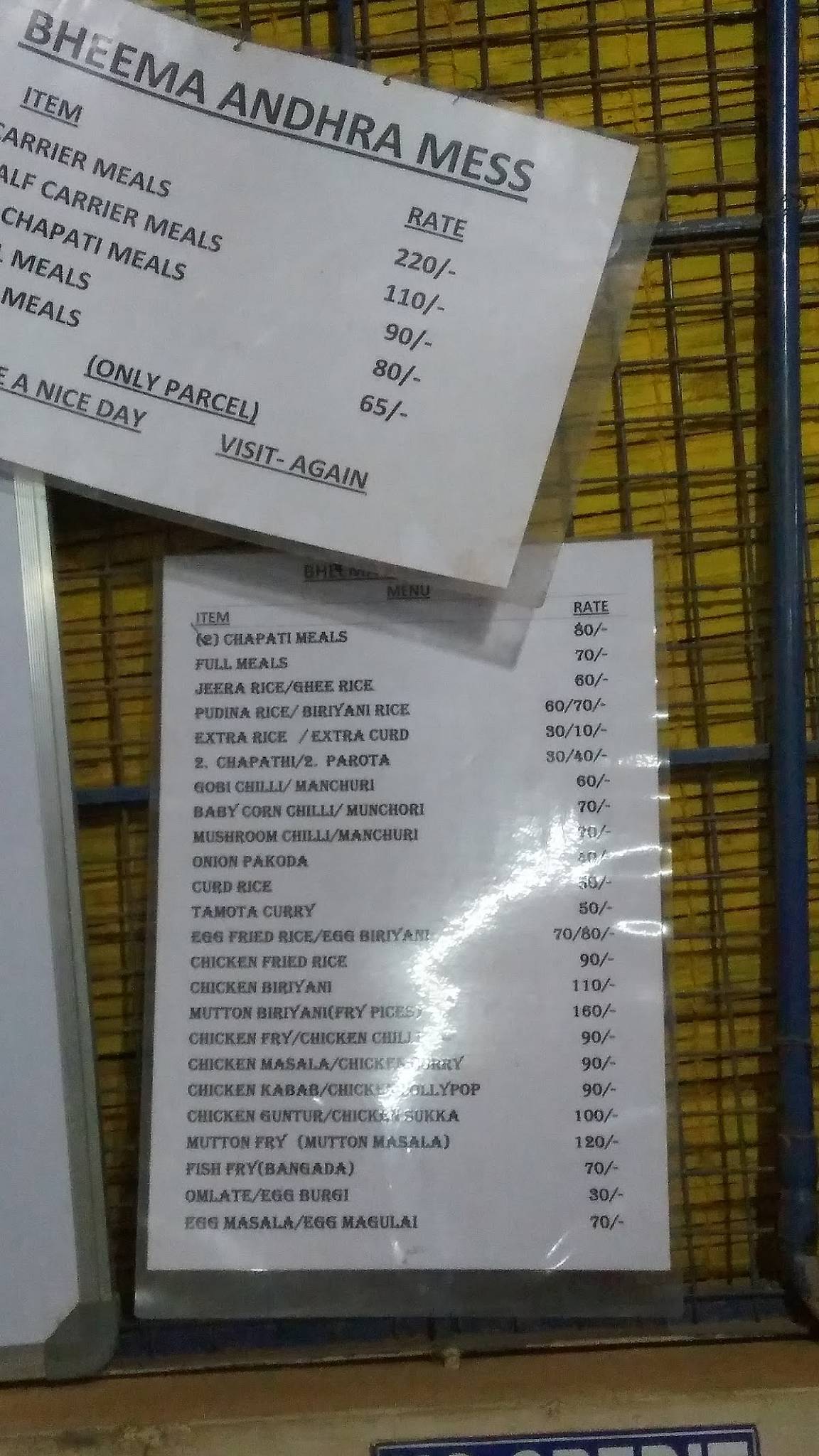 Menu at Bheema Andhra Mess, Bengaluru