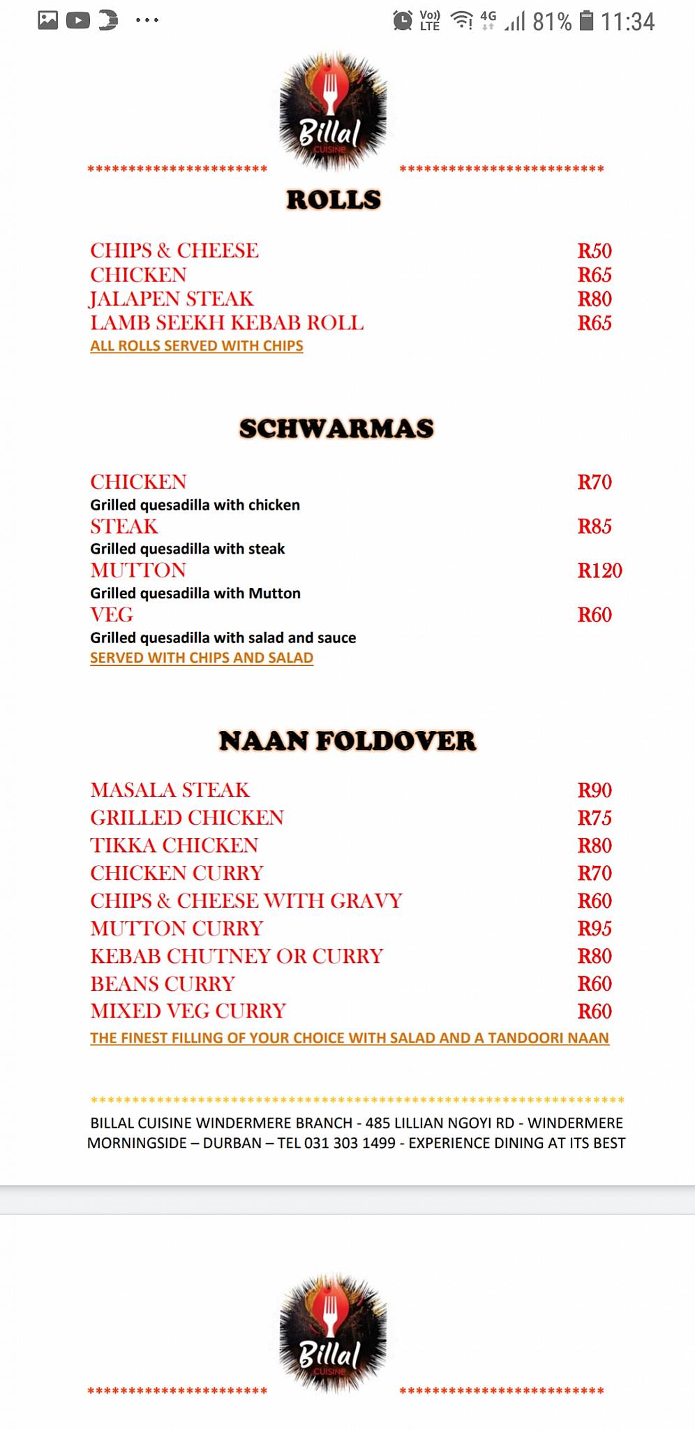 Menu at Billal Cuisine Windermere restaurant, Durban, 485 Lilian Ngoyi Rd