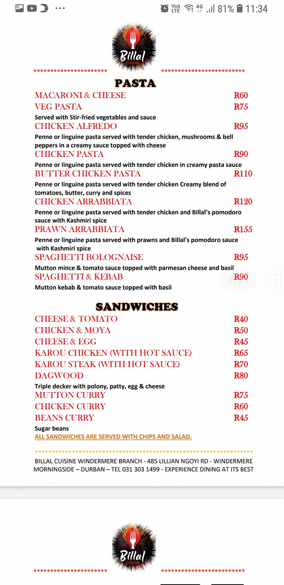 Menu at Billal Cuisine Windermere restaurant, Durban, 485 Lilian Ngoyi Rd