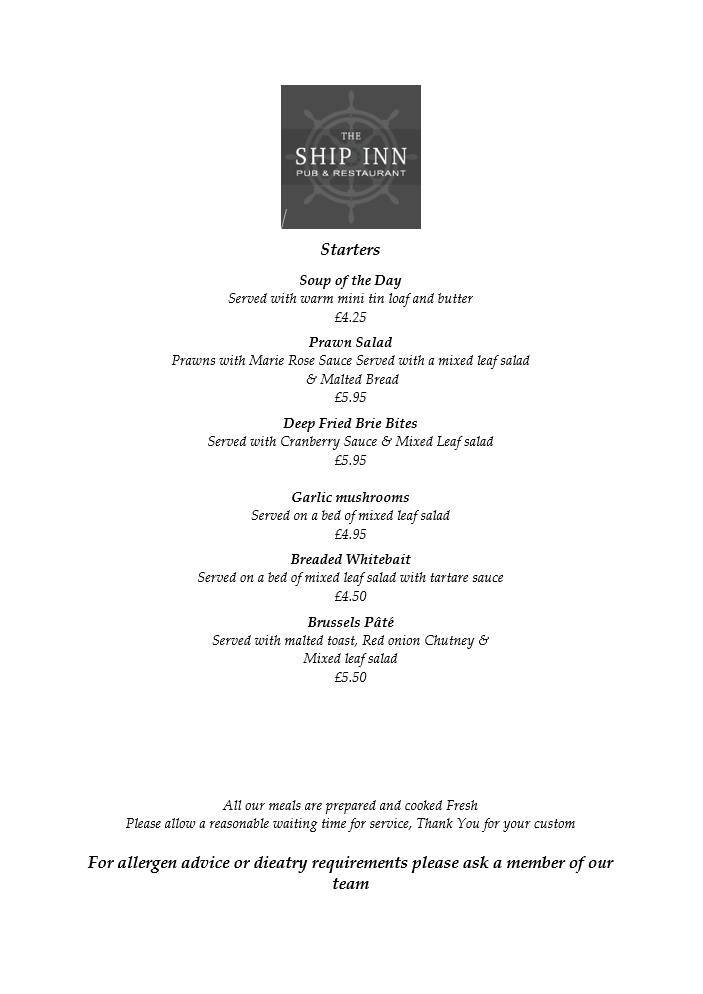 Menu at Ship Inn pub & bar, Billinghay