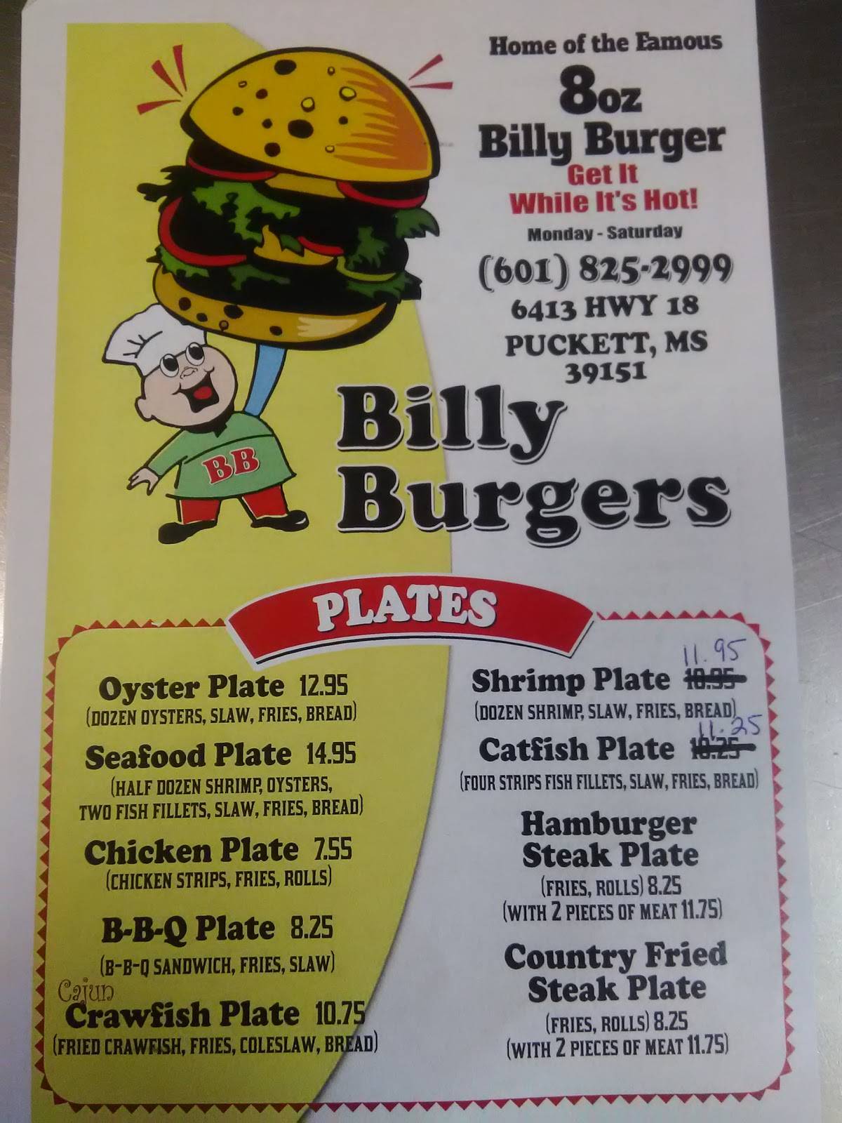 Menu at Billy's Burgers restaurant, Puckett