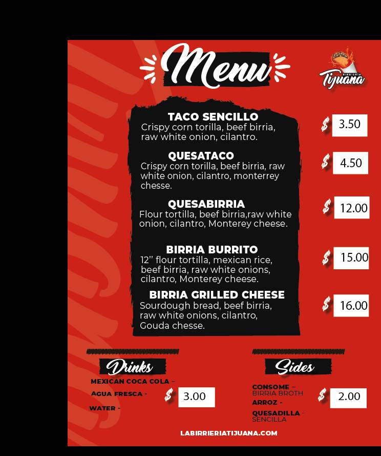 Menu at Birrieria Tijuana restaurant, Miami