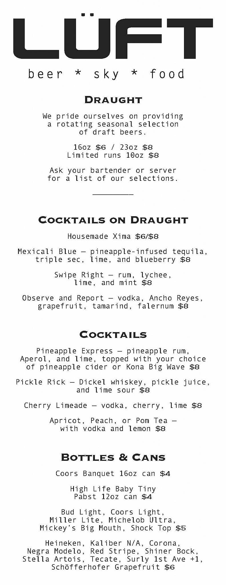Menu at LÜFT Rooftop Bar, Bismarck