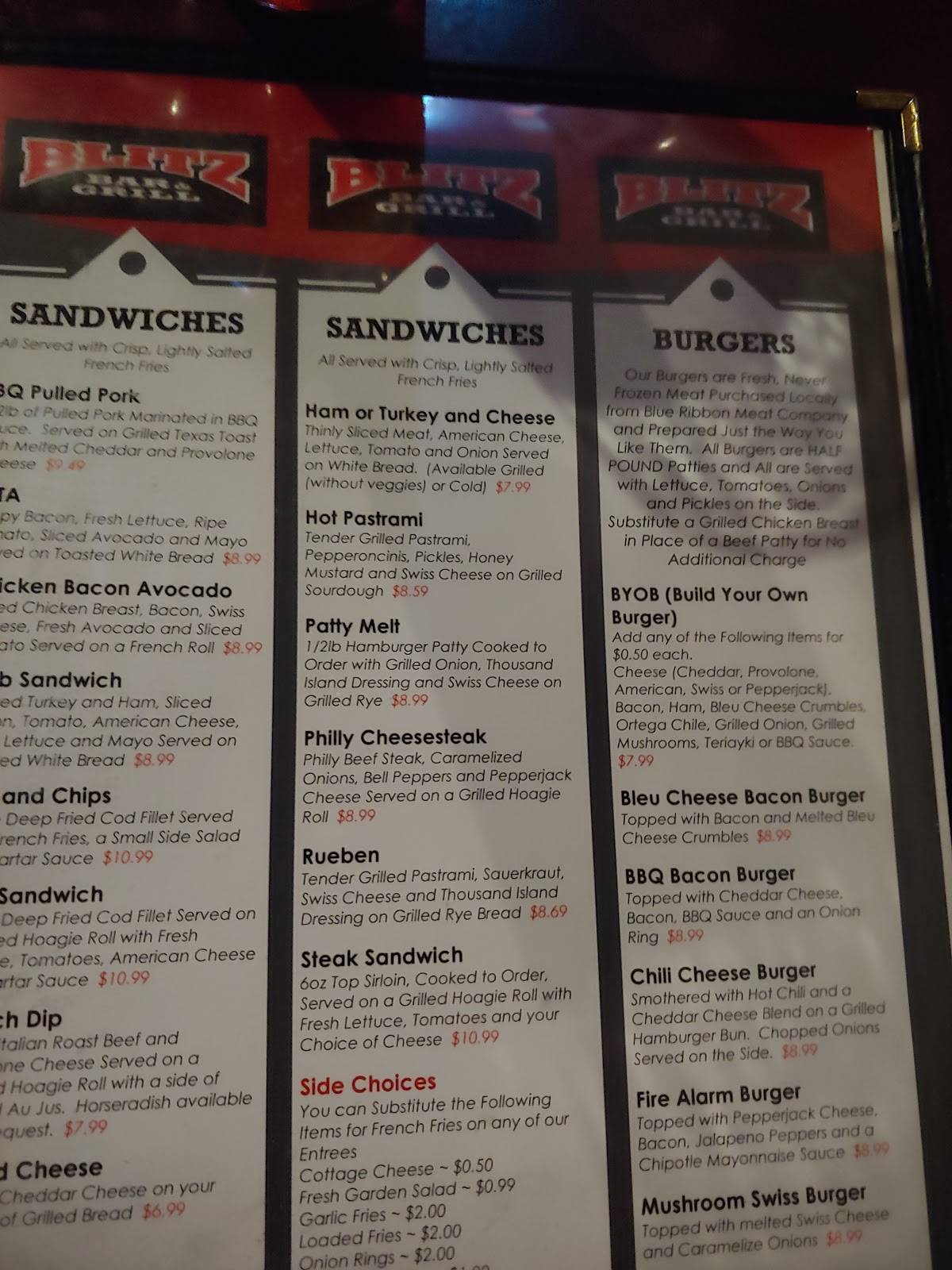 Menu at Blitz pub & bar, Sparks