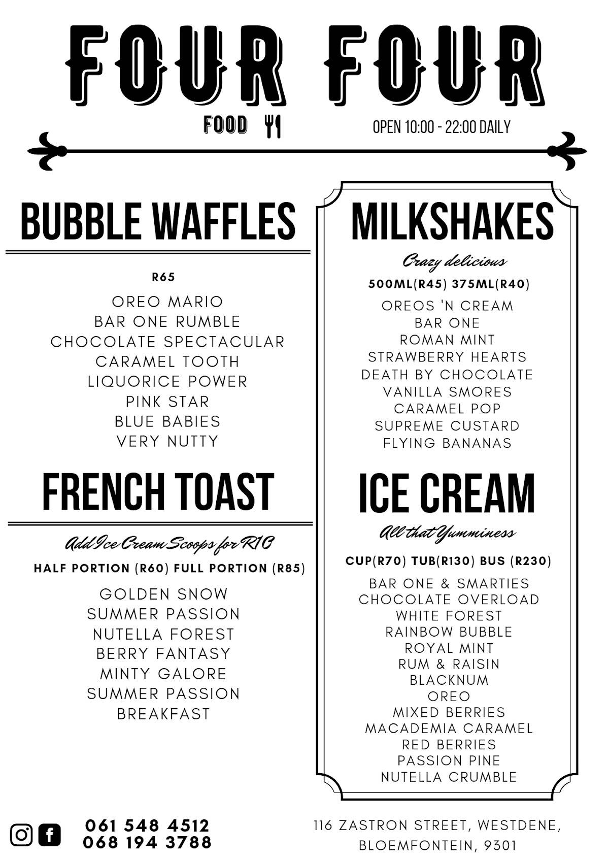Menu at Four Four Bar & Restaurant, Bloemfontein