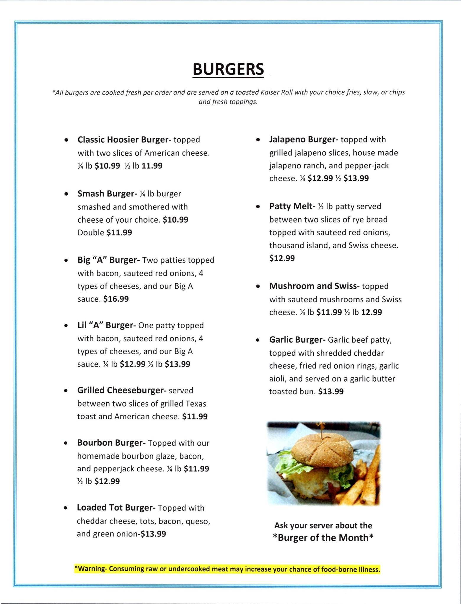 Menu at Hoosier Bar & Grill, Bloomington, W Richland Plaza Dr