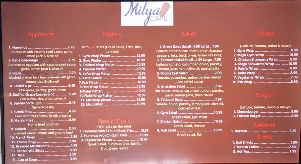 Menu at Milya Cafe, Blue Ash