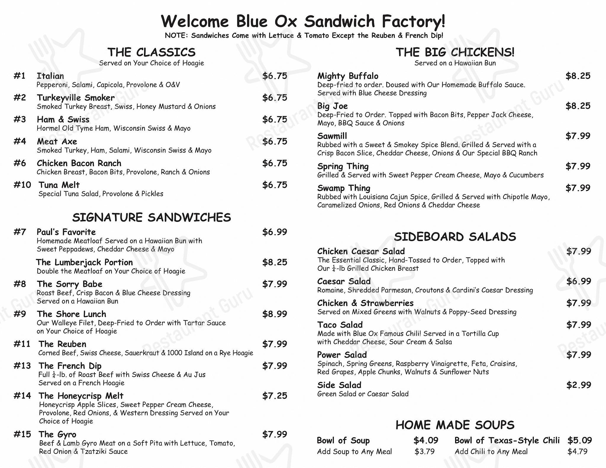 Menu at Blue Ox Sandwich Factory cafe, Burnsville, Buck Hill Rd #115