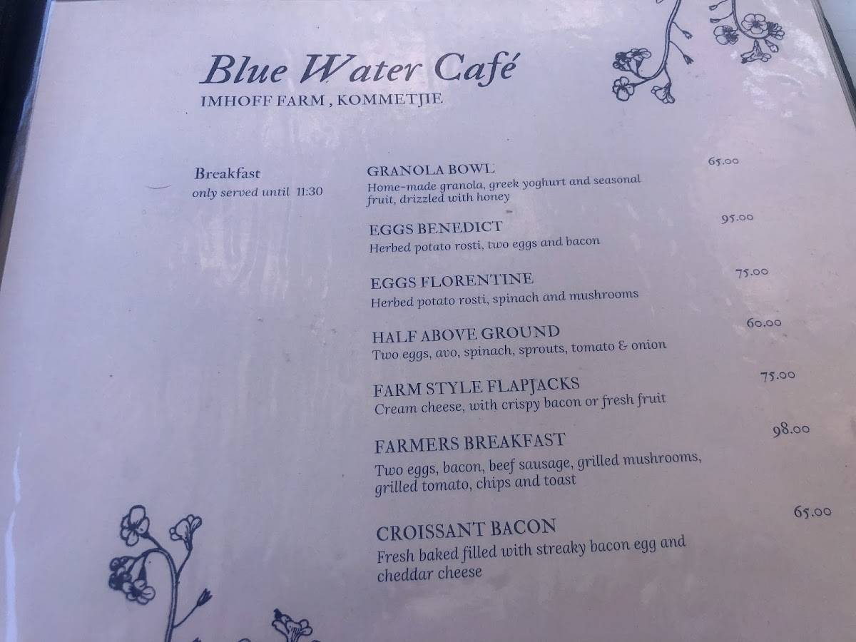 Menu at Blue Water Cafe, Cape Town