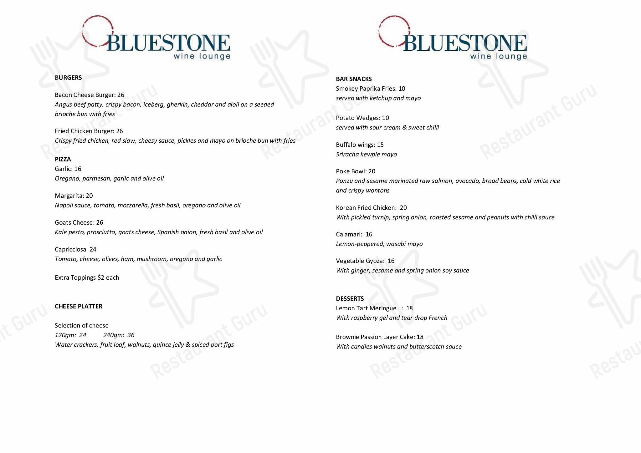 Menu at Bluestone Bar, Melbourne