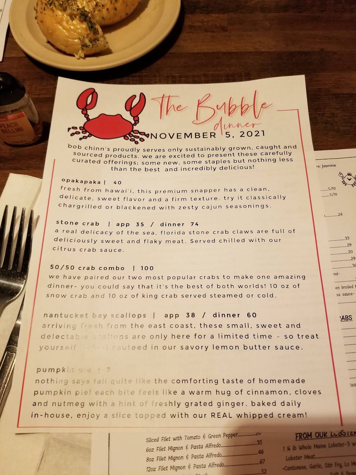 Menu at Bob Chinn's Crab House steakhouse, Wheeling