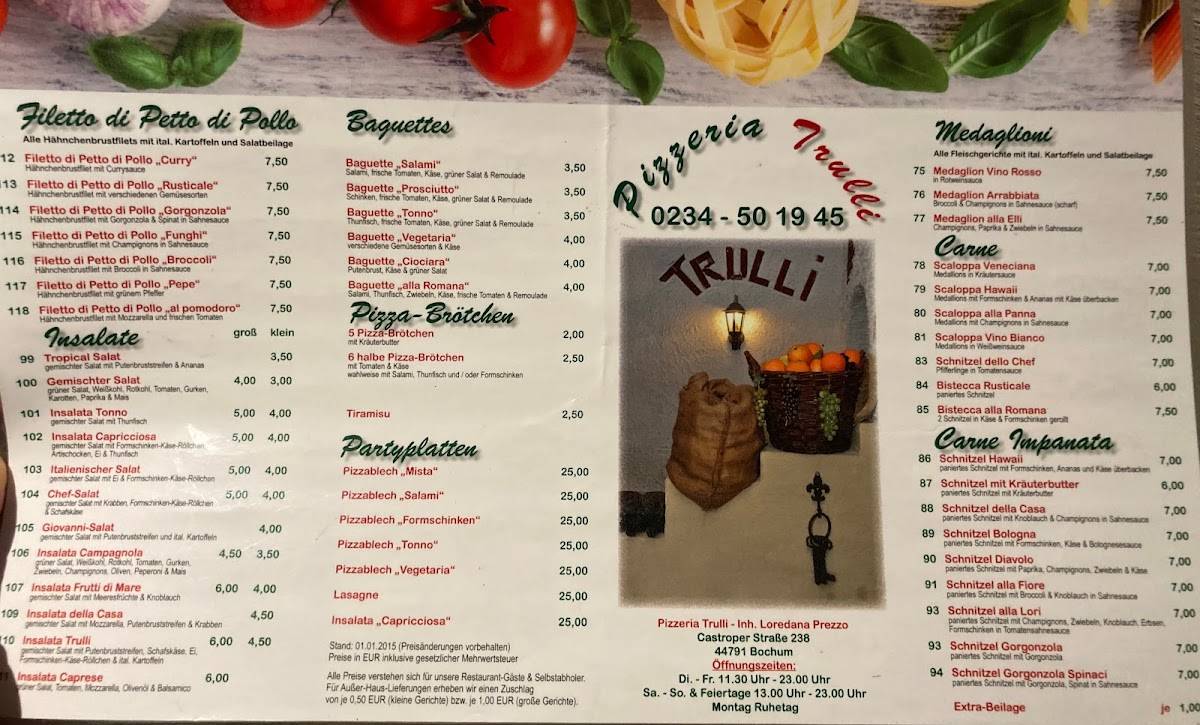 Carta de Pizzeria Trulli, Bochum, Castroper Str. 238