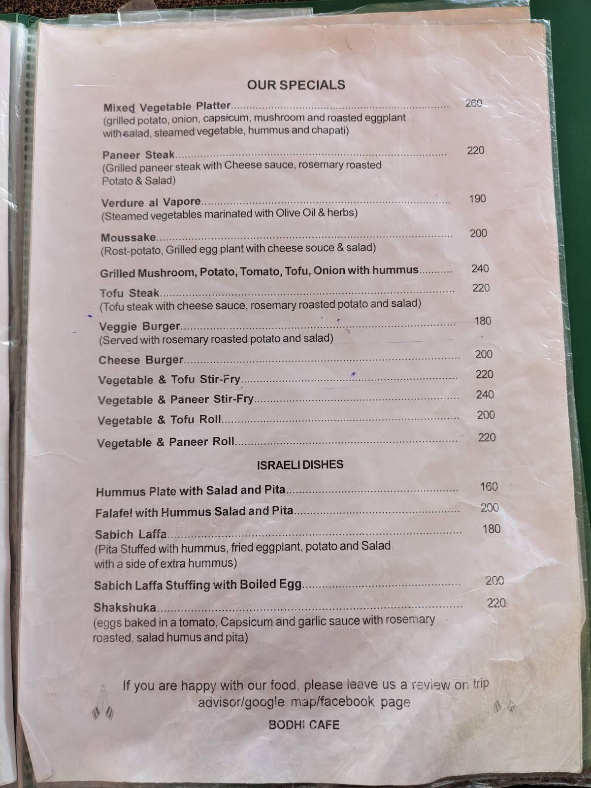 Menu at Bodhi cafe, Rishikesh, Balaknath Rd