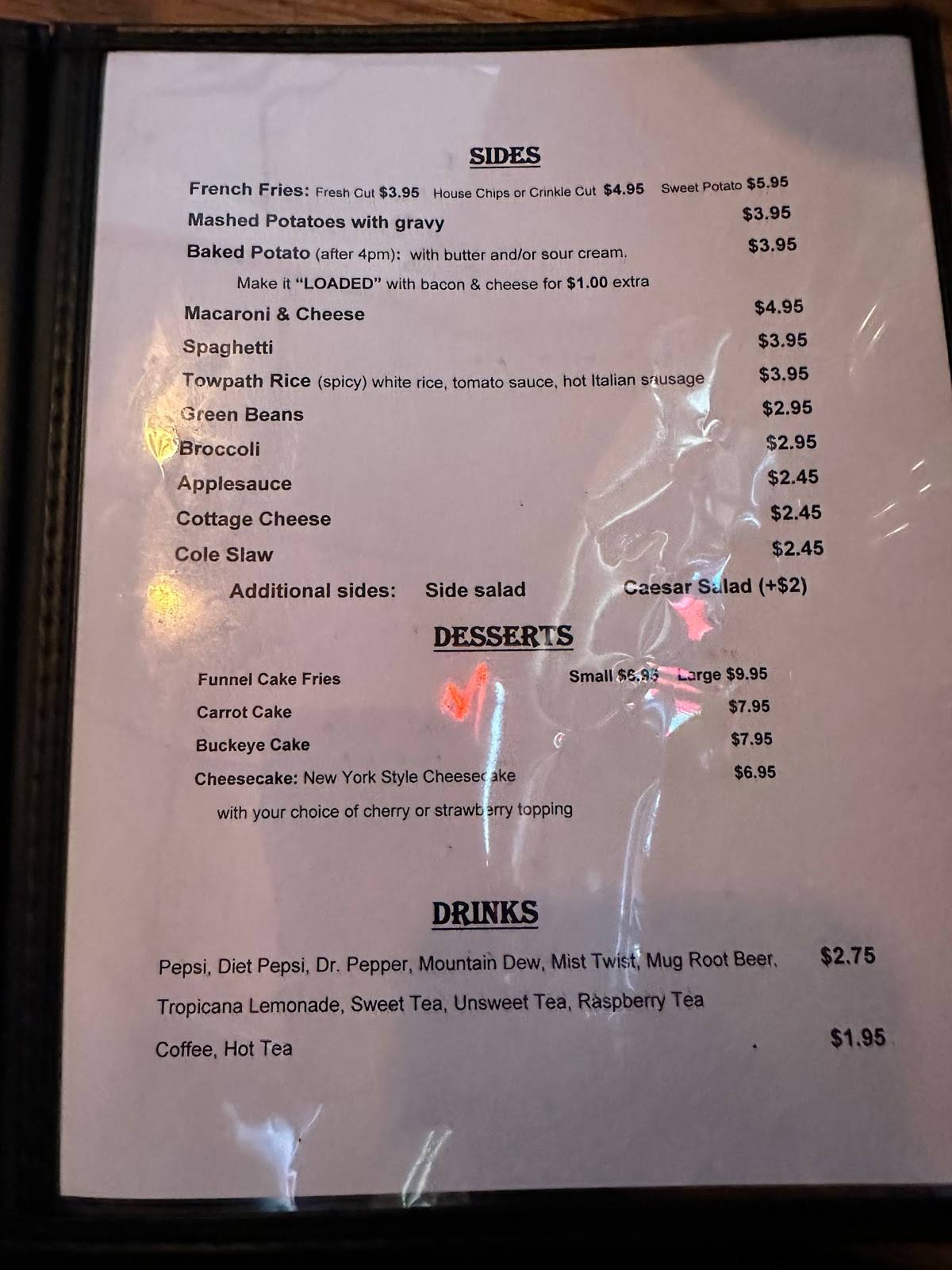 Menu at Towpath Tavern pub & bar, Bolivar, 225 Canal St