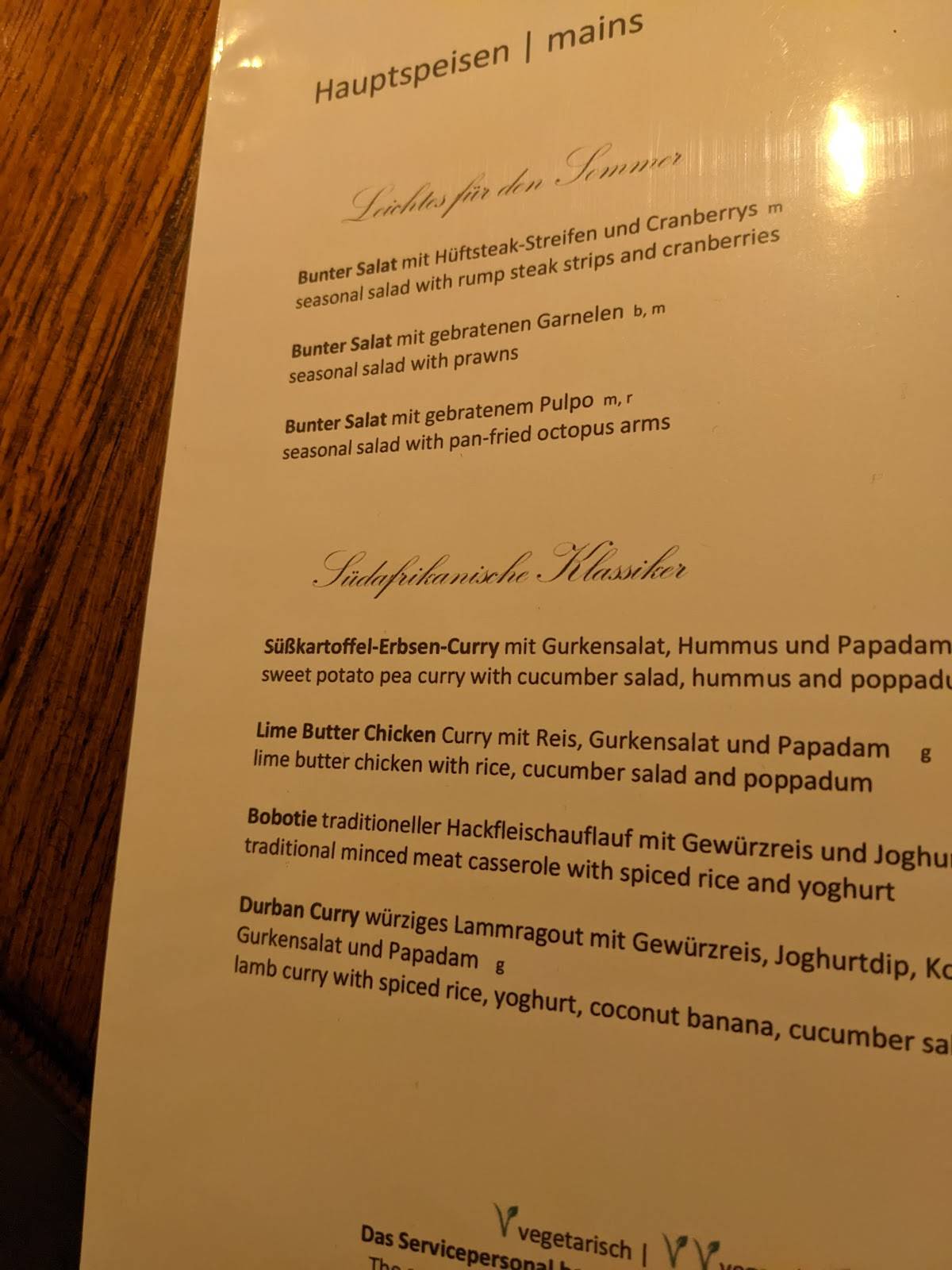 Menu at the protea restaurant, Bonn