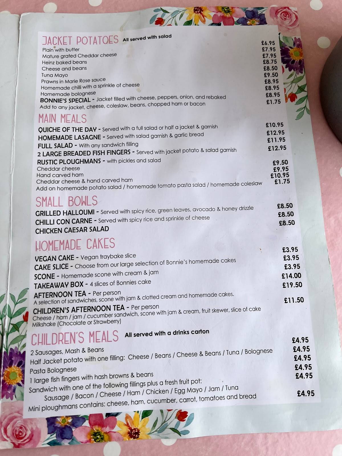 Menu at Bonnies Cafe, Brentwood