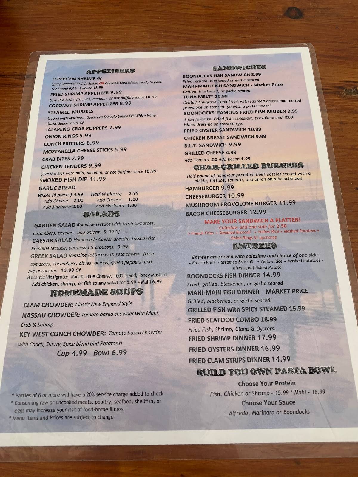 Menu at Boondocks Restaurant, Port Orange