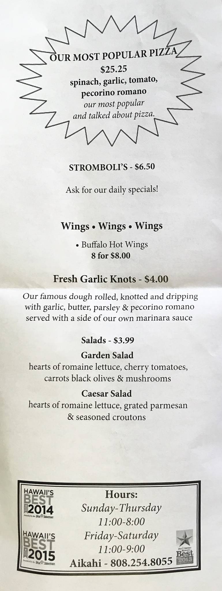 Menu at Boston's Pizza pizzeria, Kailua