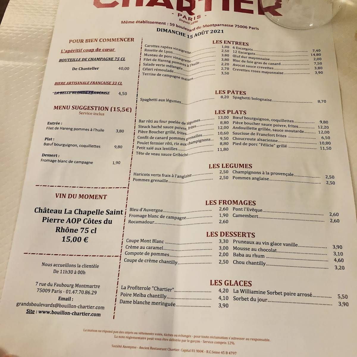 Menu at Bouillon Chartier Grands Boulevards restaurant, Paris, 7 Rue du ...