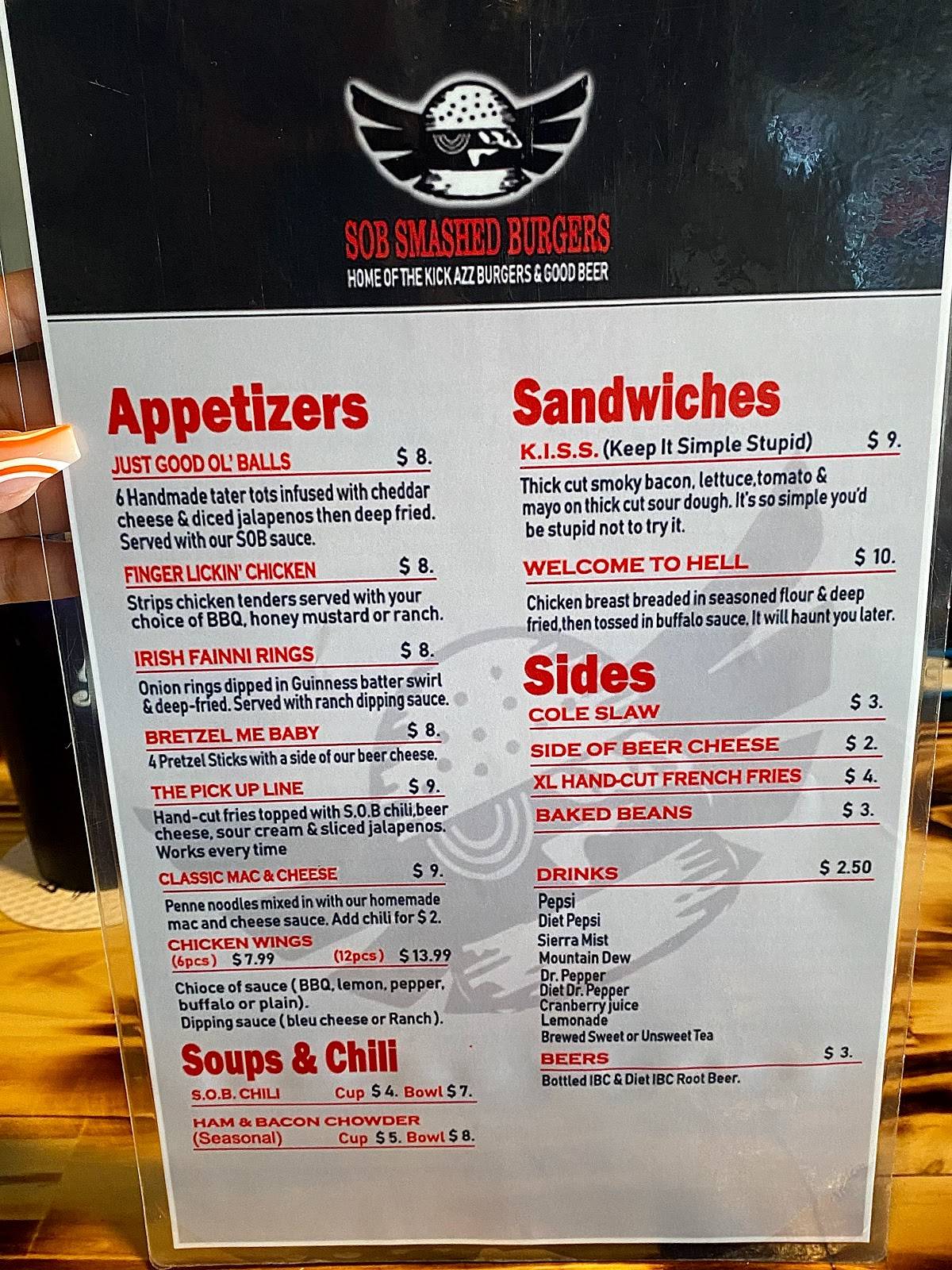 Menu at S.O.B. Burgers pub & bar, Bradenton