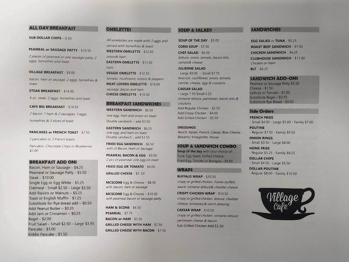 Menu at Village Cafe, Ohsweken