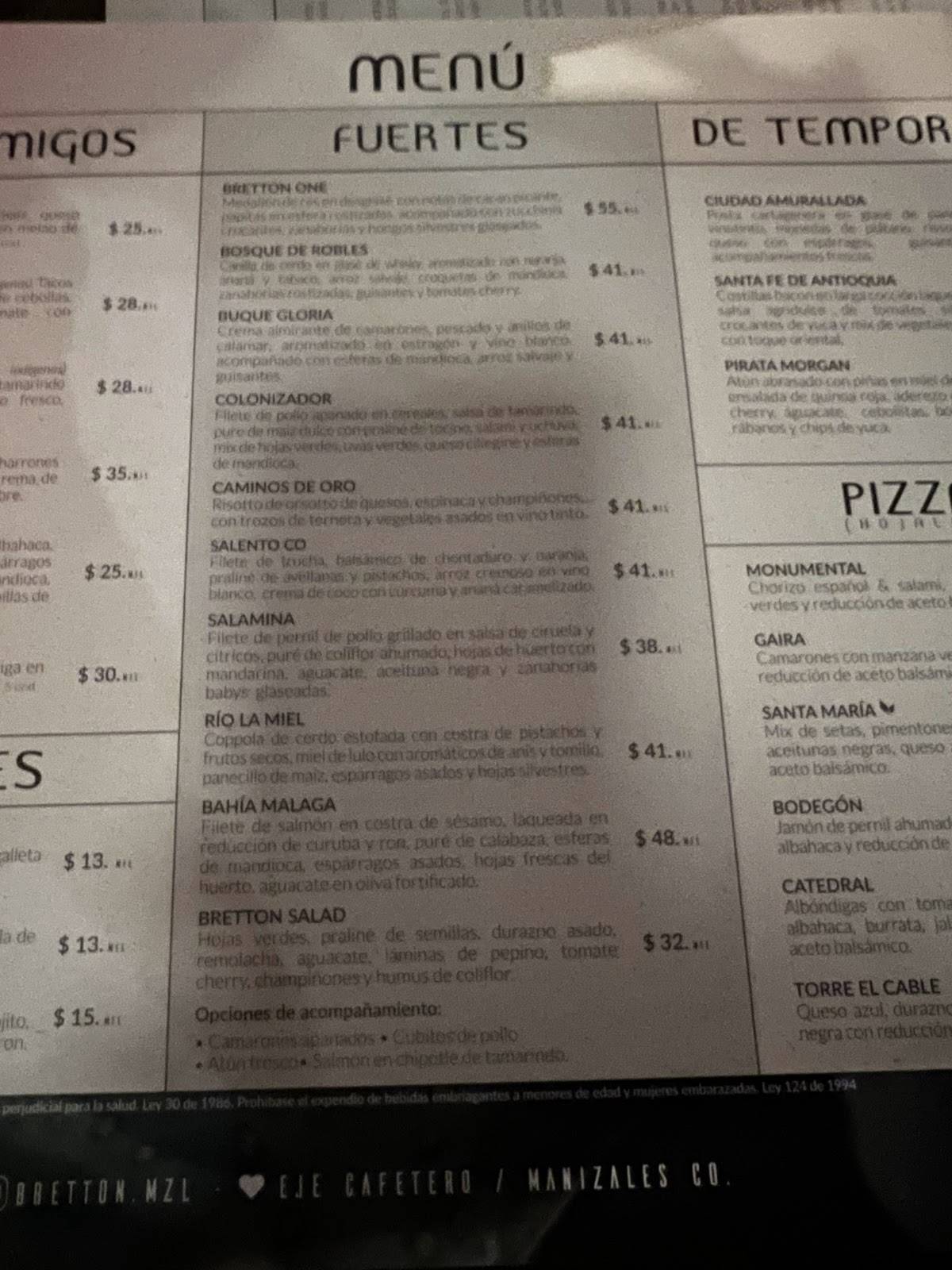 Carta del restaurante Bretton, Manizales