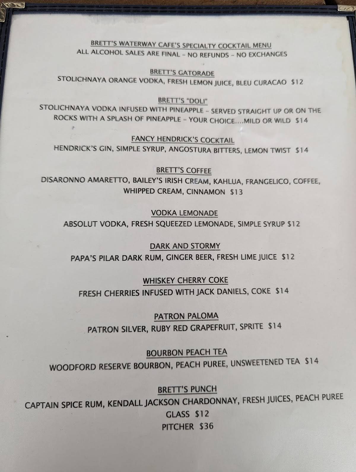 Menu at Brett's Waterway Cafe, Fernandina Beach